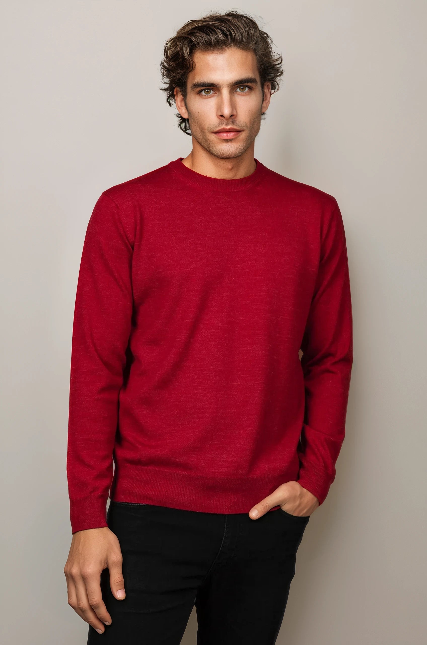 Red Fine Weight Merino Wool Crew Neck - Buy Cozy Knitwear